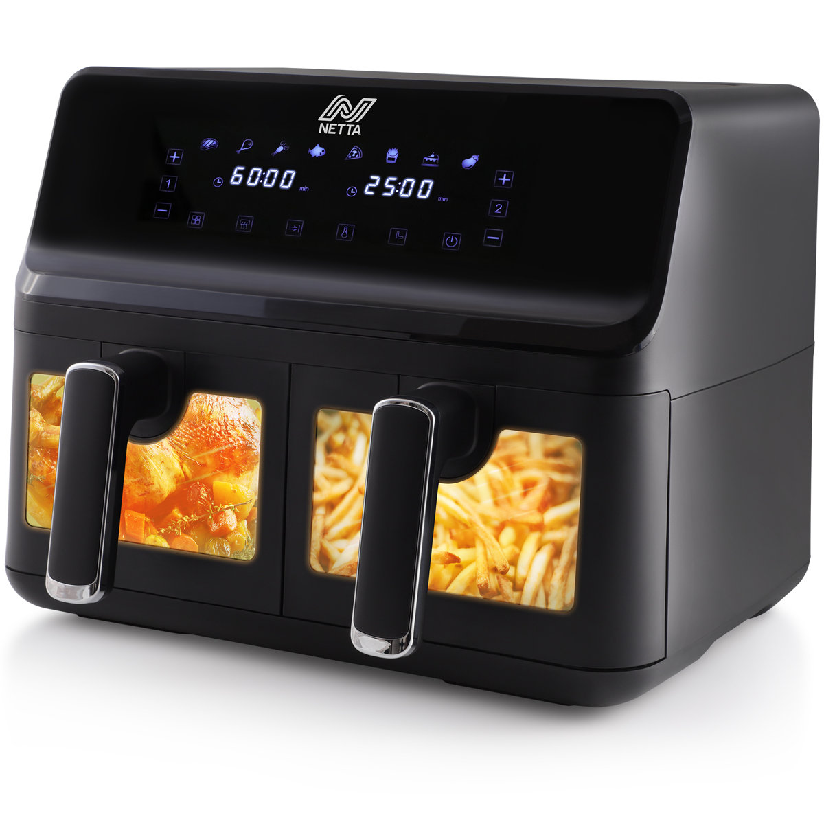 Netta 8l Dual Basket Low Energy Air Fryer With Digital Smart Programmes - 2 Large Drawers, 8 Pre ...